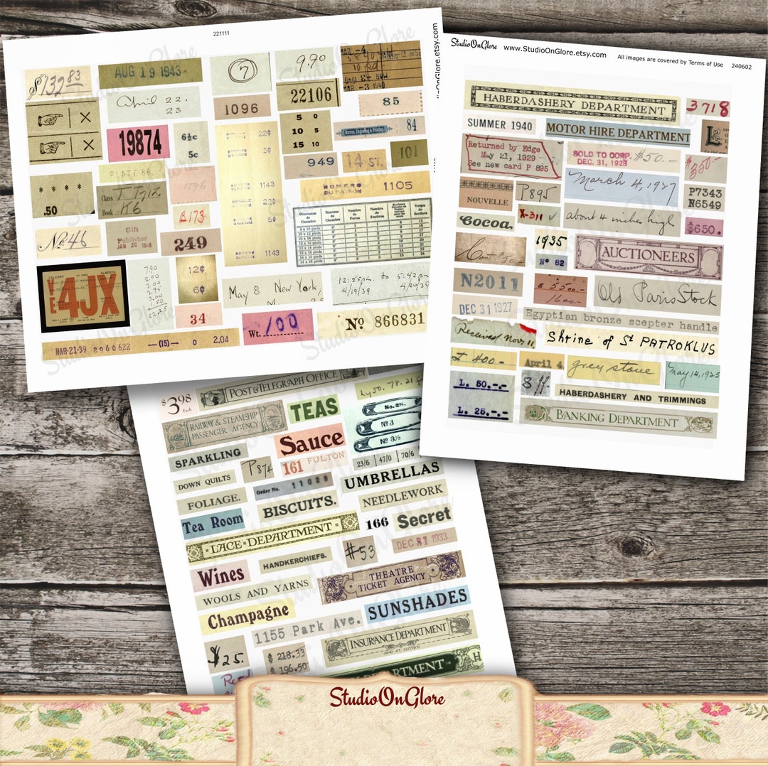 Shabby Number & Text Label Ephemera. 3 Sheets With Vintage Labels to ...