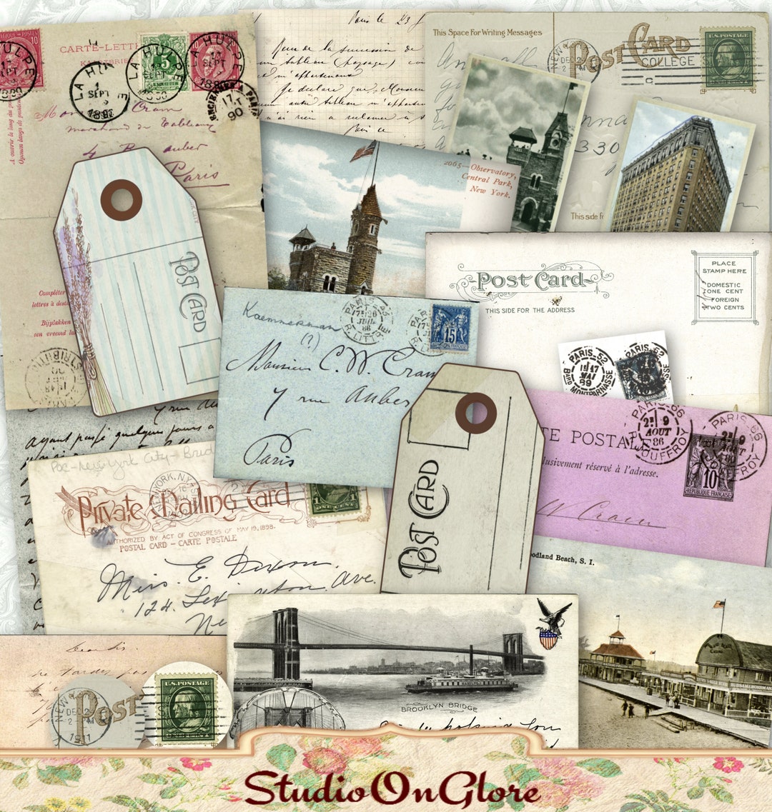 Antique Postcard Kit: Printable Vintage Collage Sheets 21 Ephemera Pcs ...