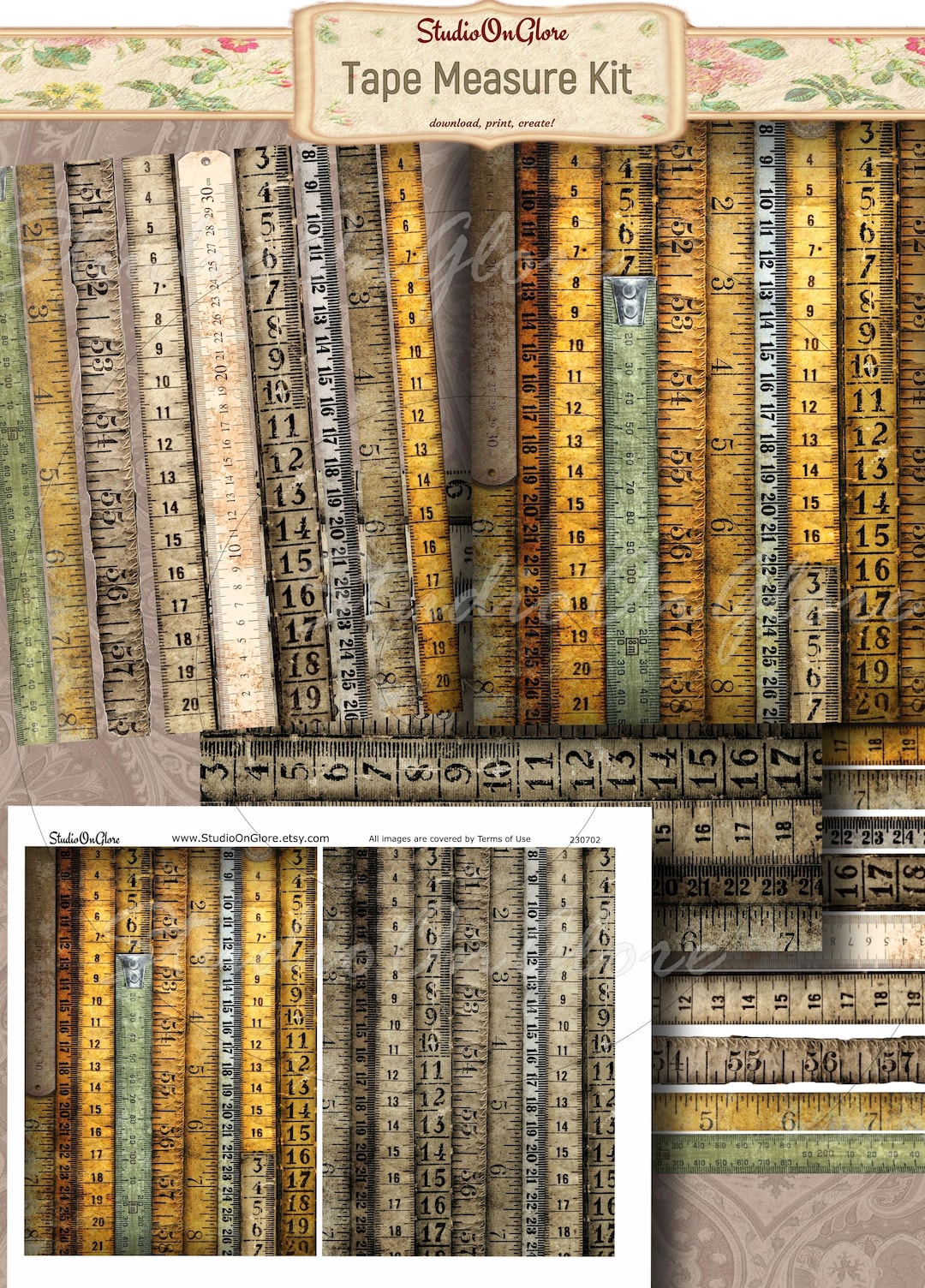 Vintage Tape Measure Kit, Junk Journal Embellishment, Scrapbook Paper ...