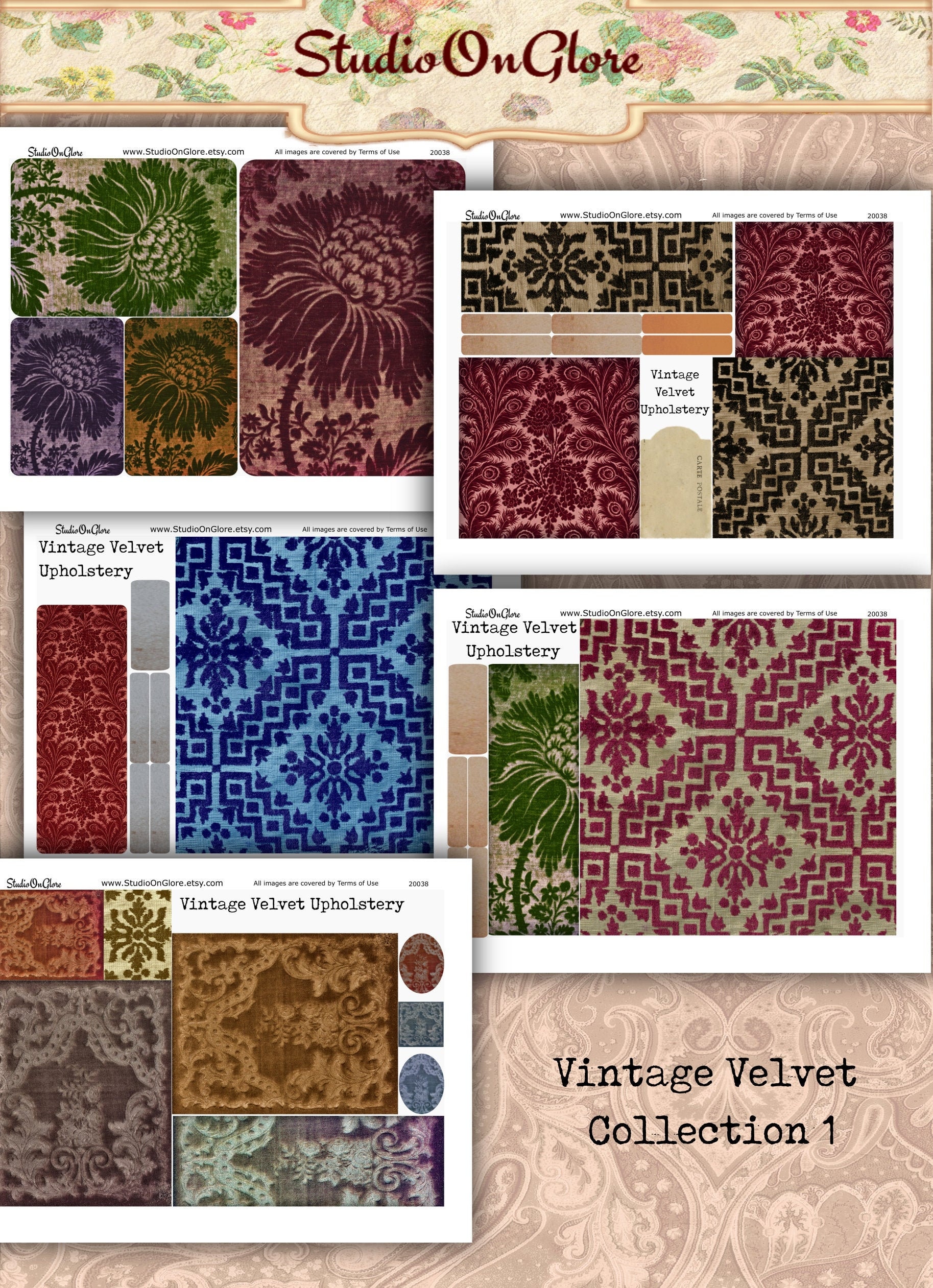 Antique Velvet Collection, 5-sheet PRINTABLE Ephemera - Digitized Worn ...
