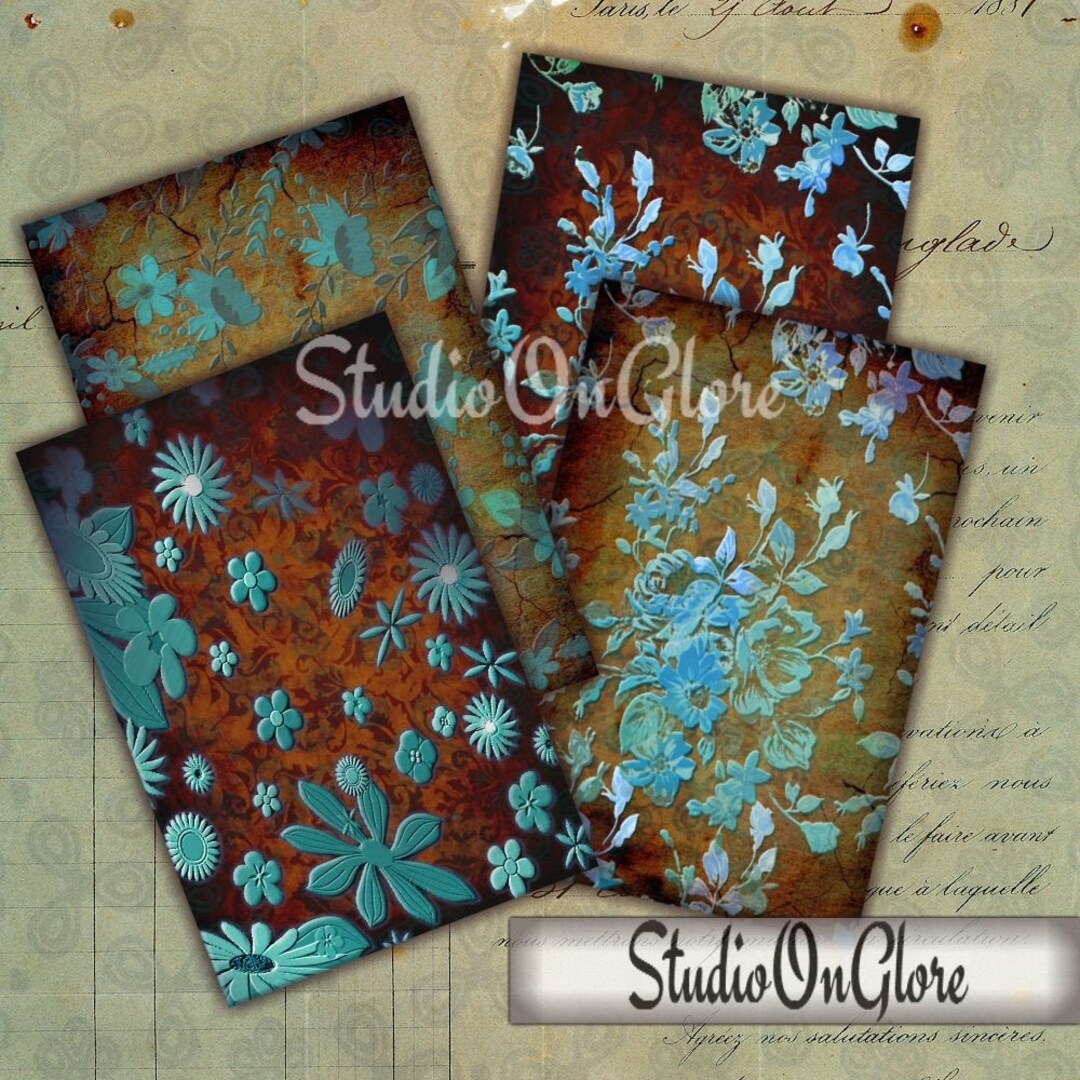 Rusty Copper & Patina Floating Floral Cards, Digital Collage Sheet ...