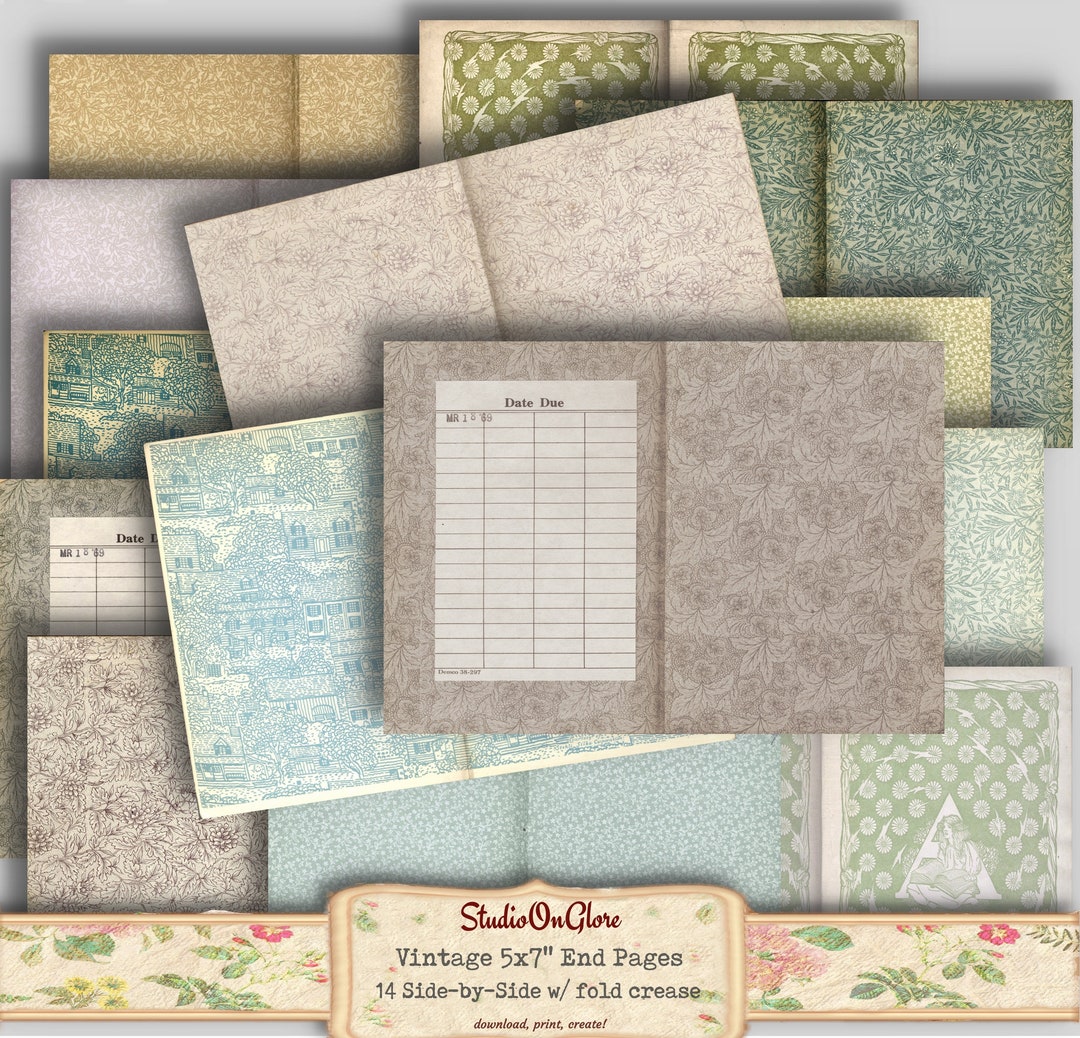 Paper Pack: Vintage Bookbinding Endpapers. 5x7" Side by Side Endpages With Center Fold Crease ...