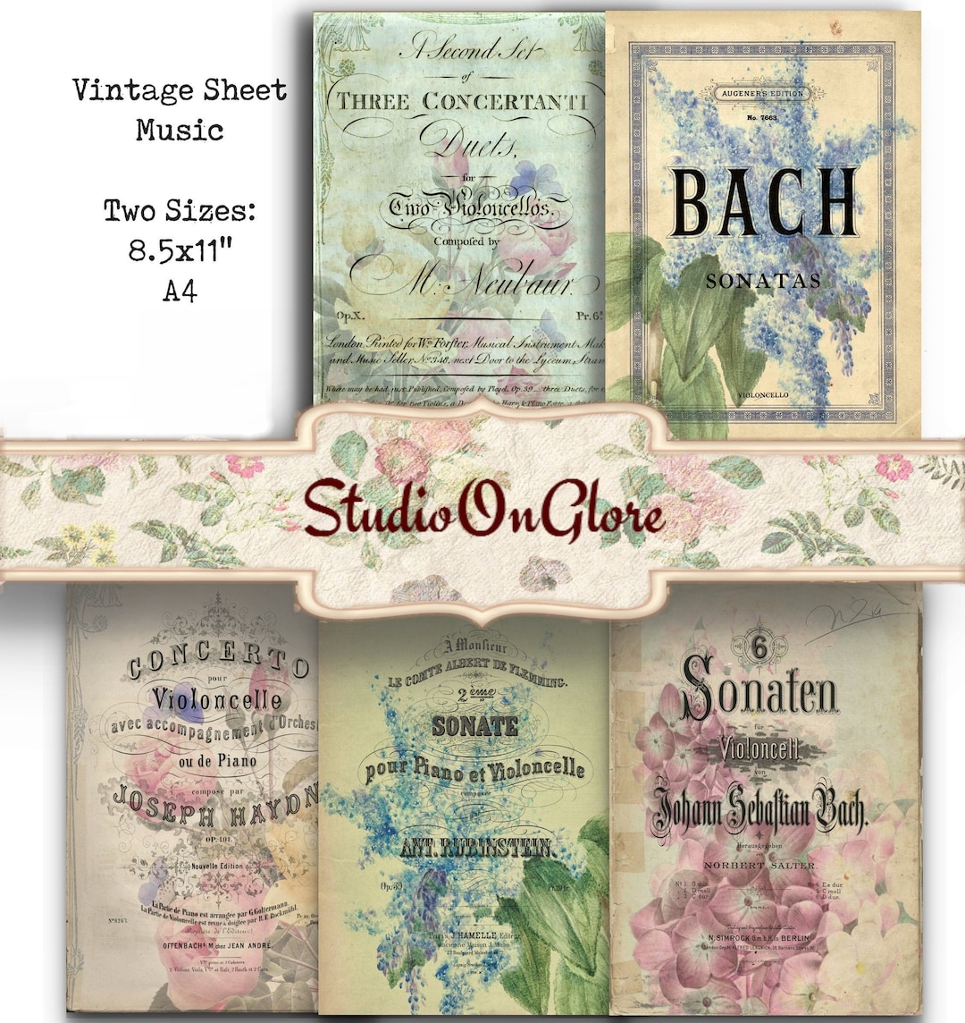 Sheet Music Cover and Antique Floral Collage Kit: 5 Designs in 2 Sizes ...