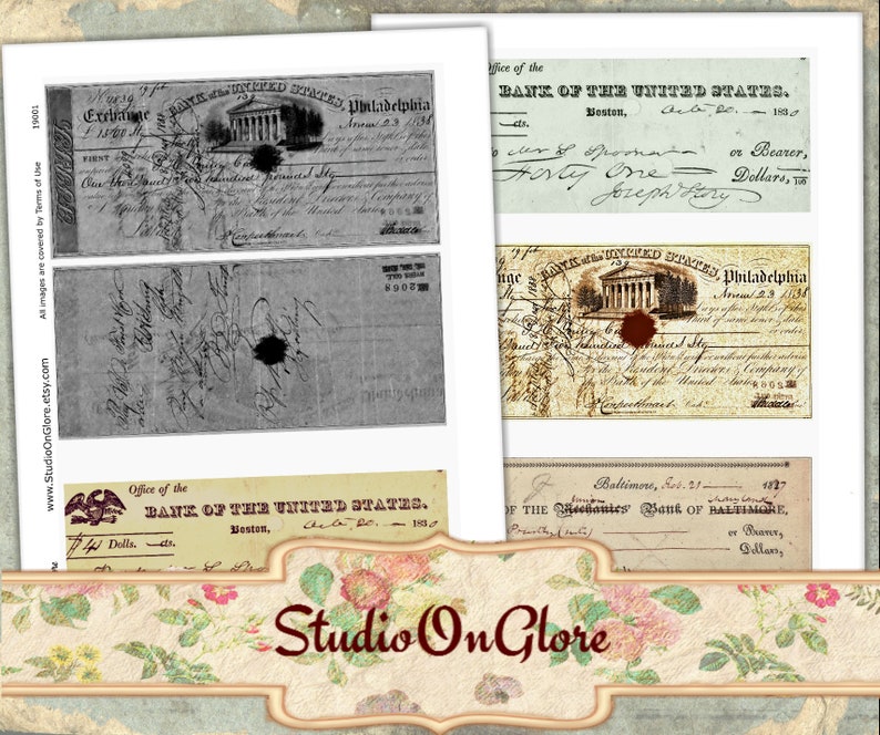 Vintage Banking Printables: 6 Checks on Two Collage Sheets. Ephemera ...