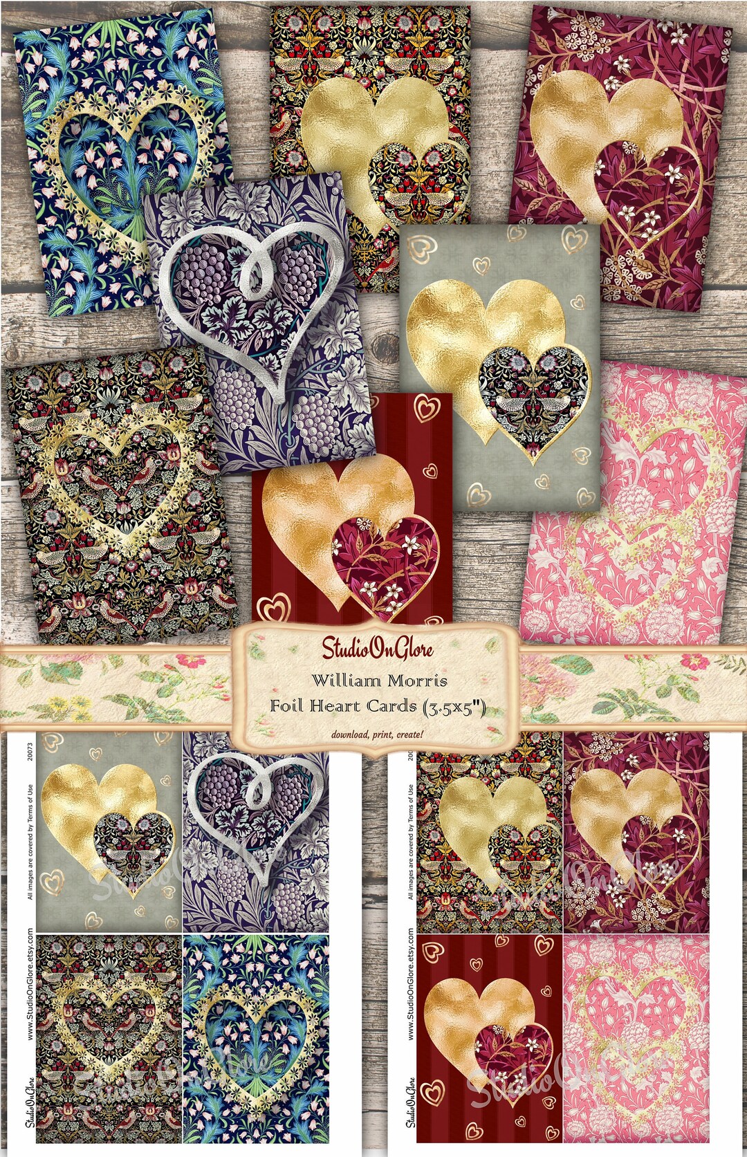 William Morris Foil Heart Cards, Floral Designs (digital Download) - Etsy