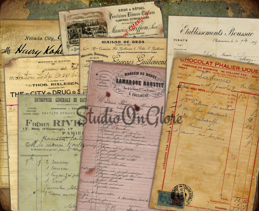 Old Receipts Digital Collage Sheet, 8 Antique Printable. Decoupage ...