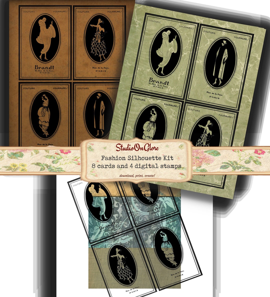 Vintage Fashion Silhouette Journal Kit. 8 Cards and 4 Digital Stamp ...