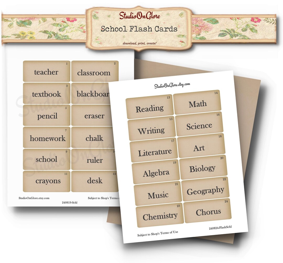 Printable Back to School Flash Cards. 24 Pieces. Digital Download for ...