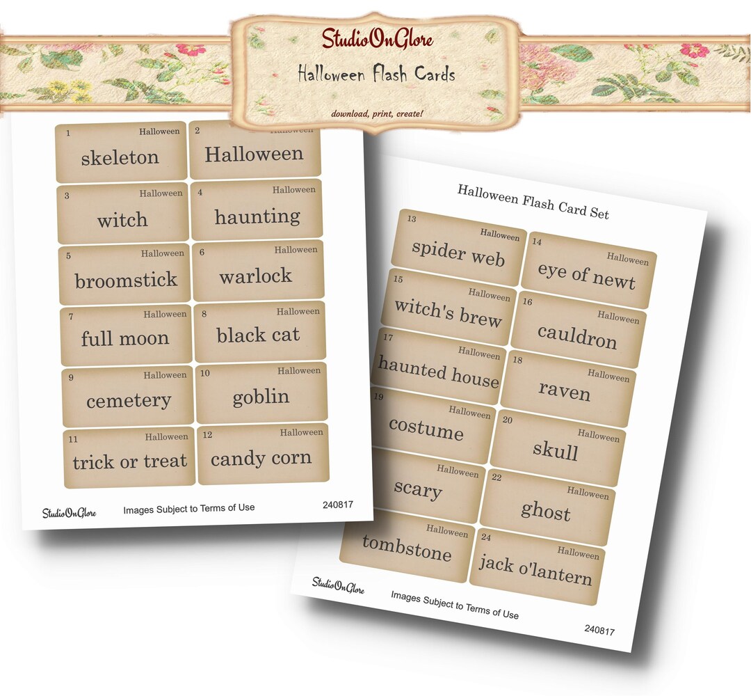 Printable Halloween Flash Cards. 24 Pieces of Digital Download Ephemera ...