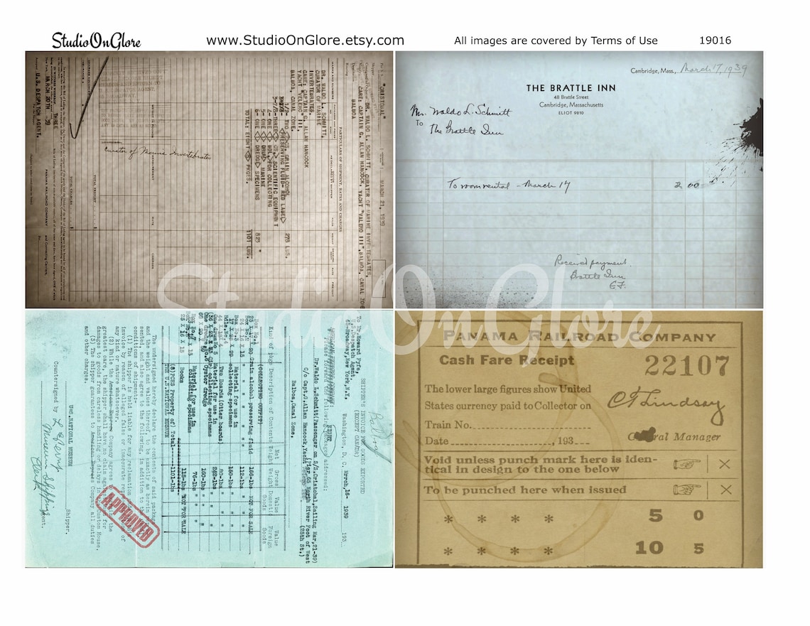 8 Vintage Receipts - Printable Collage Sheets, Handwritten Invoice ...