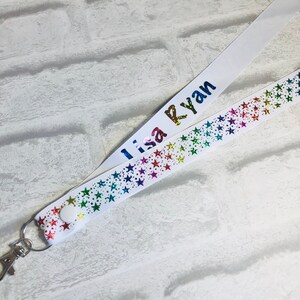 White Rainbow Holographic Stars Personalised Lanyard - Teacher Lanyard ...