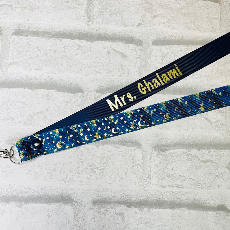 Navy Moon & Star Galaxy Personalised Lanyard - Teacher Lanyard, Custom ...