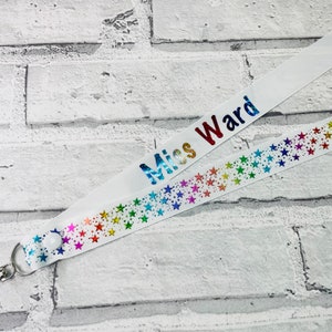 Black Rainbow Holographic Stars Personalised Lanyard - Teacher Lanyard ...