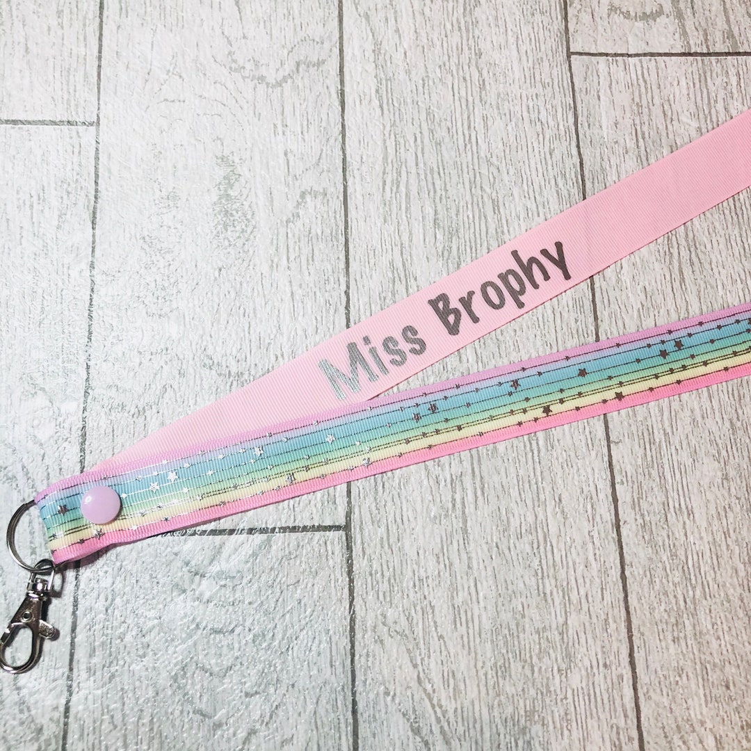 Pastel Rainbow Silver Stars Personalised Lanyard - Teacher Lanyard ...