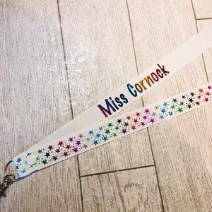 White Rainbow Holographic Stars Personalised Lanyard - Teacher Lanyard ...
