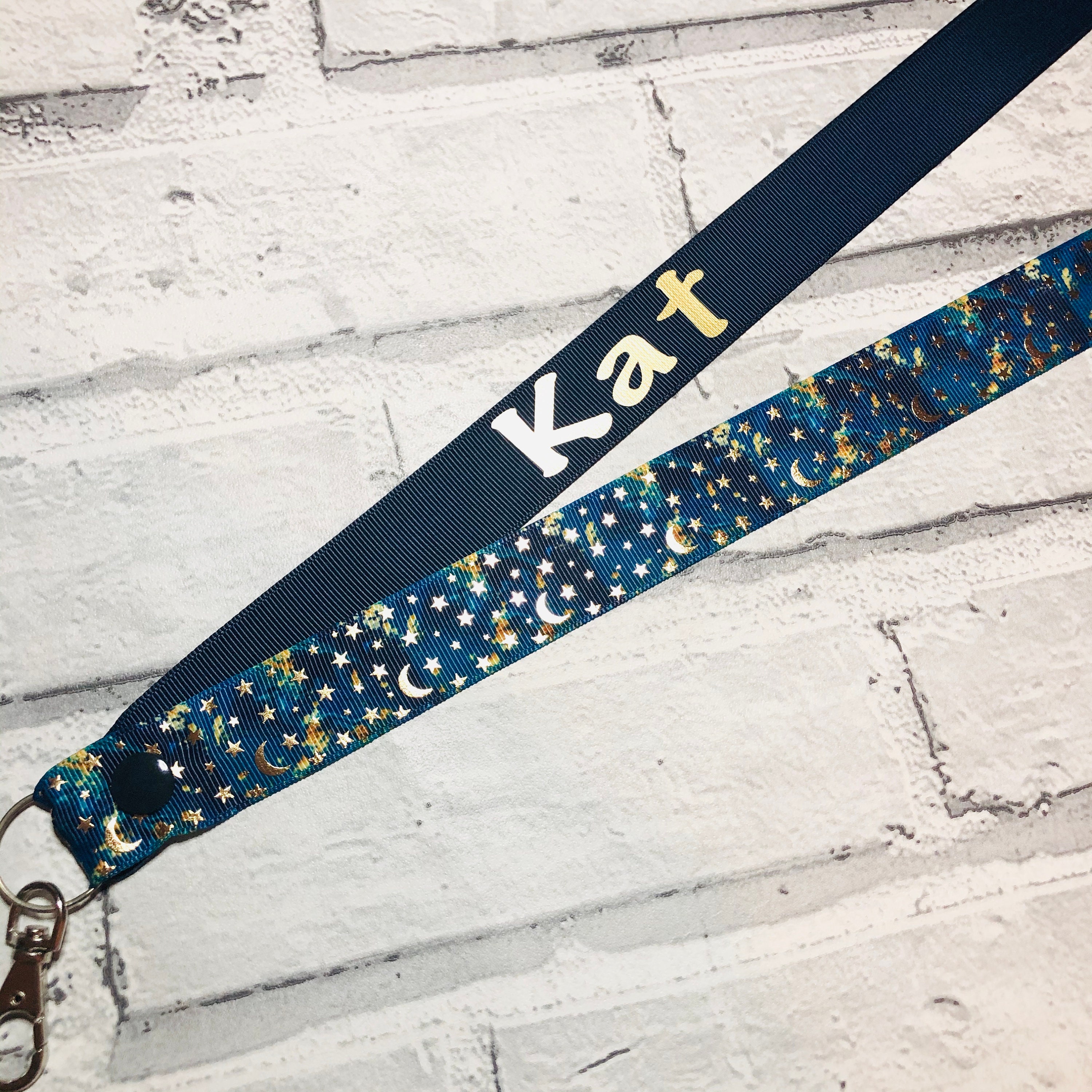 Navy Moon & Star Galaxy Personalised Lanyard - Teacher Lanyard, Custom ...