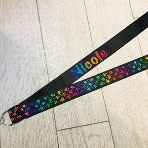 Black Rainbow Holographic Stars Personalised Lanyard - Custom Made to ...