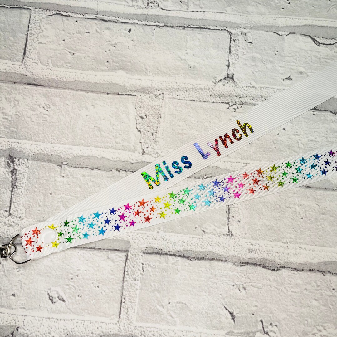 White Rainbow Holographic Stars Personalised Lanyard - Teacher Lanyard ...