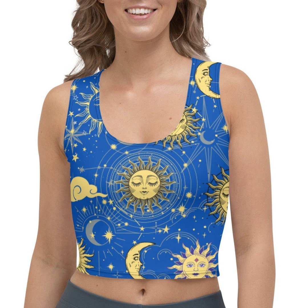 Cosmic Moon Stars Sun Crop Top in Blue and Gold. 90's Style. Perfect ...