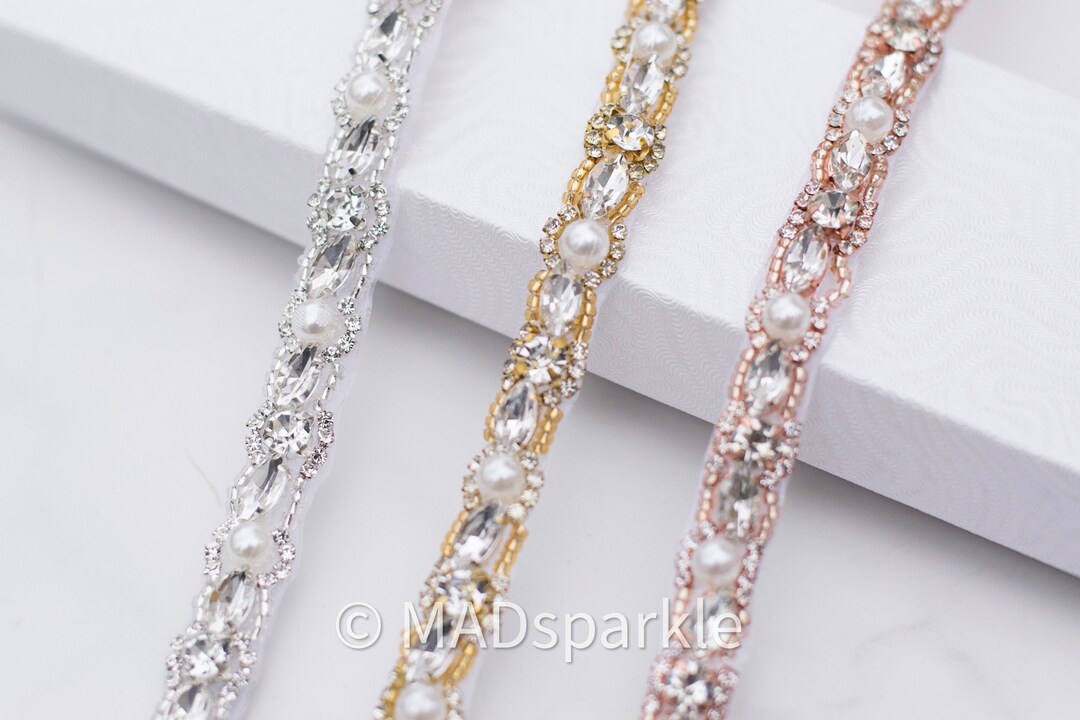 Thin Pearl and Rhinestone Bridal Trim by the Yard, Crystal Bridal ...