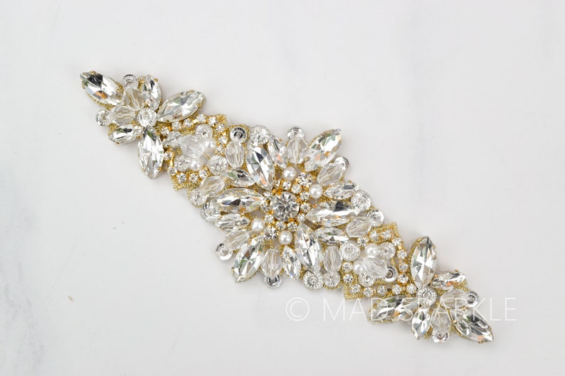 Gold Rhinestone Applique Bridal Fabric Crystal Motif Notion | Etsy