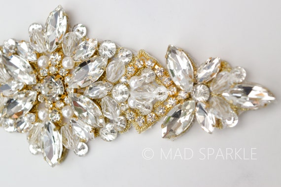 Gold Rhinestone Applique Bridal Fabric Crystal Motif Notion | Etsy