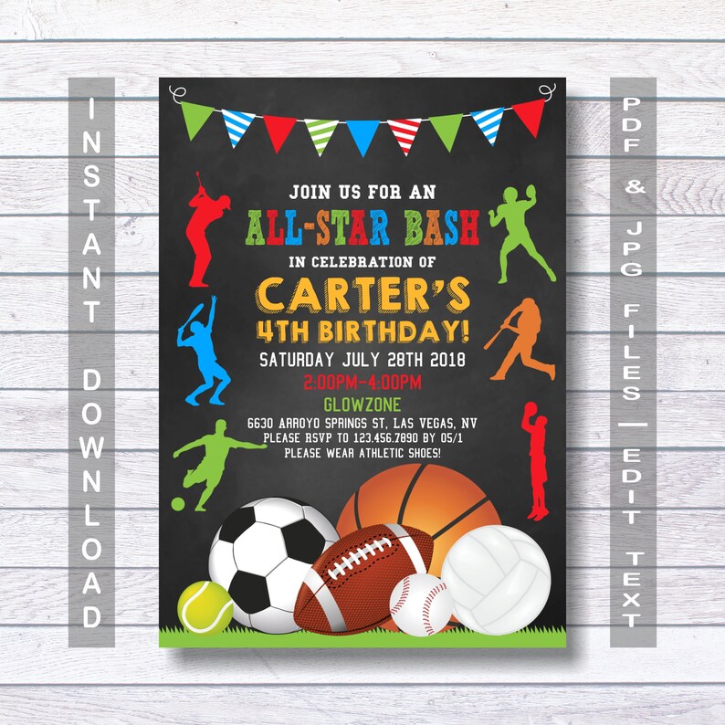 Sports Birthday Invitation Sport Party Invite Sports Etsy