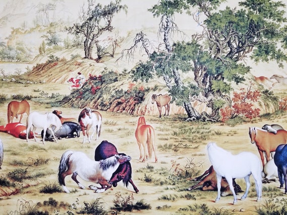 百駿圖 One Hundred Horses in A Landscape Antique Chinoiserie | Etsy