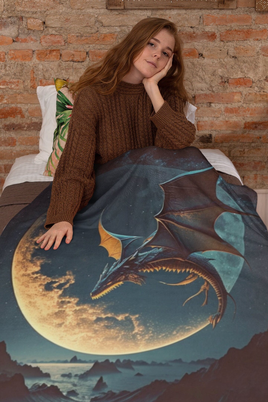 Dragon Flying in Front of the Moon Blanket, Dragon Blanket, Fantasy ...