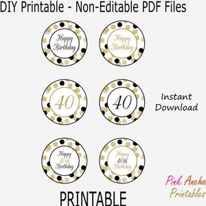 40th Birthday Cupcake Toppers - Black & Gold Glitter - Confetti - Happy ...