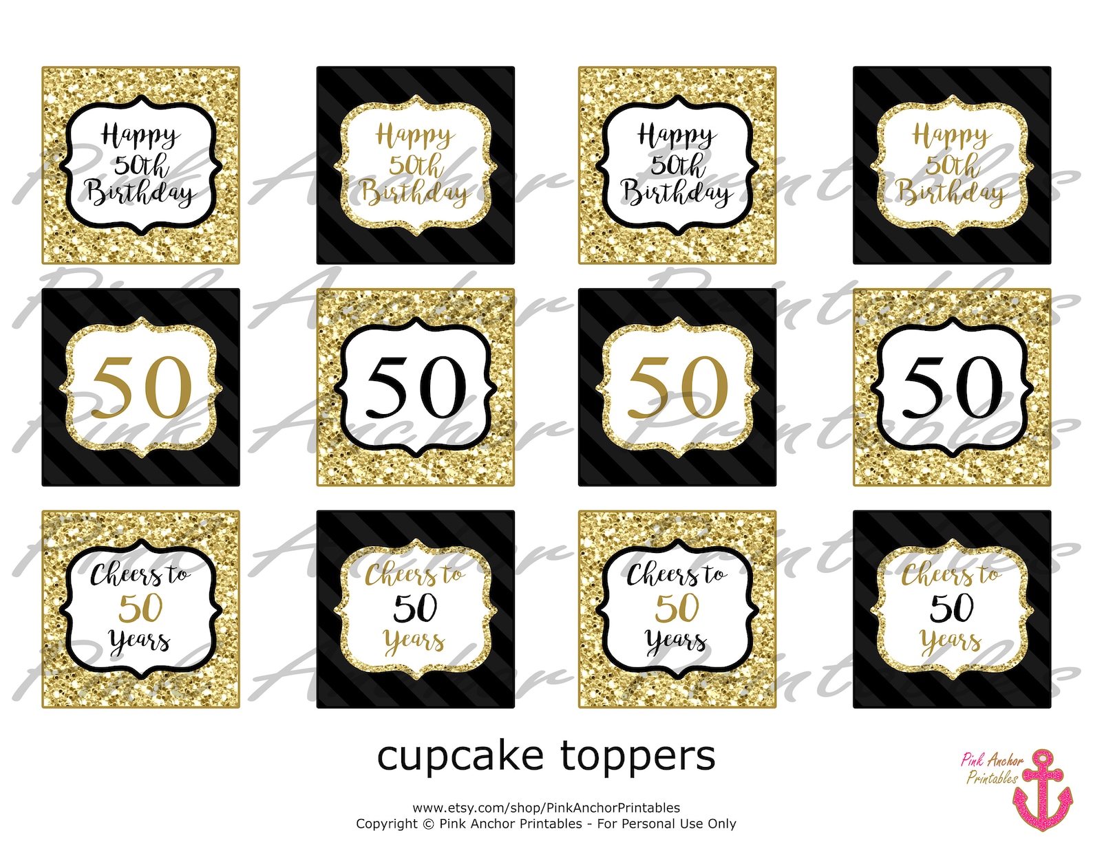 Printable 50th Birthday Cupcake Toppers and Wrappers Gold & - Etsy
