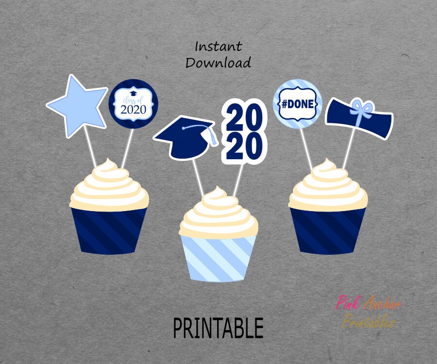 Printable Graduation Cupcake Toppers and Wrappers Navy Blue& | Etsy