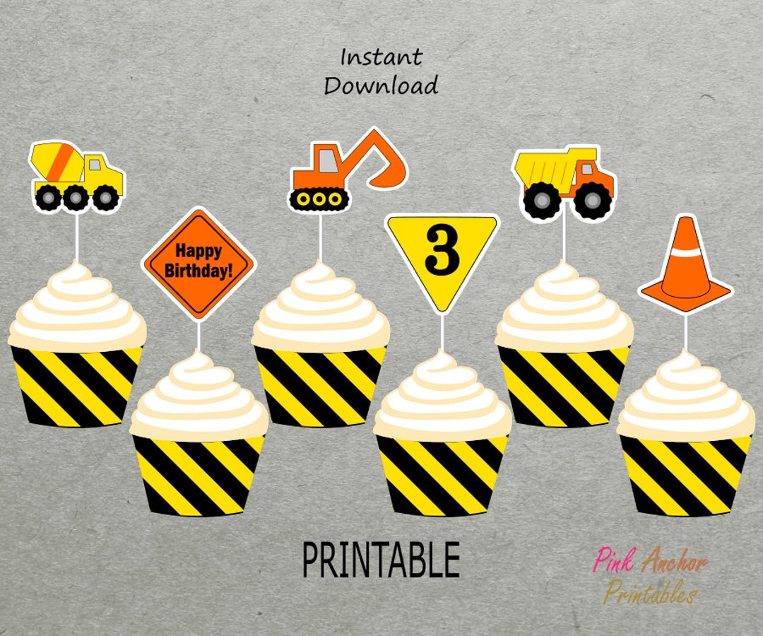 Printable Construction 3rd Birthday Cupcake Toppers and Wrappers ...
