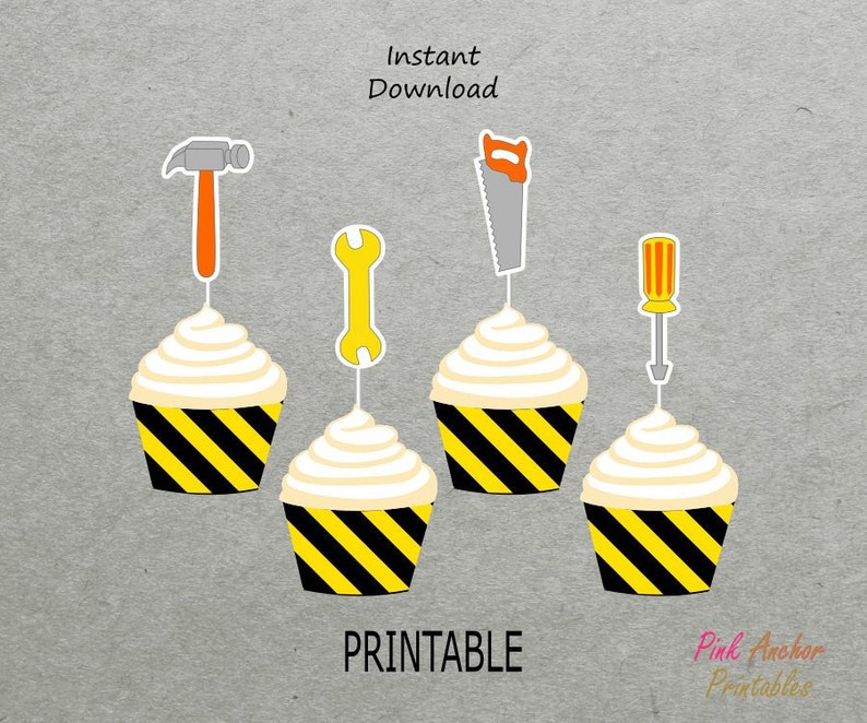 Printable Tools Cupcake Toppers and Wrappers Orange Yellow | Etsy