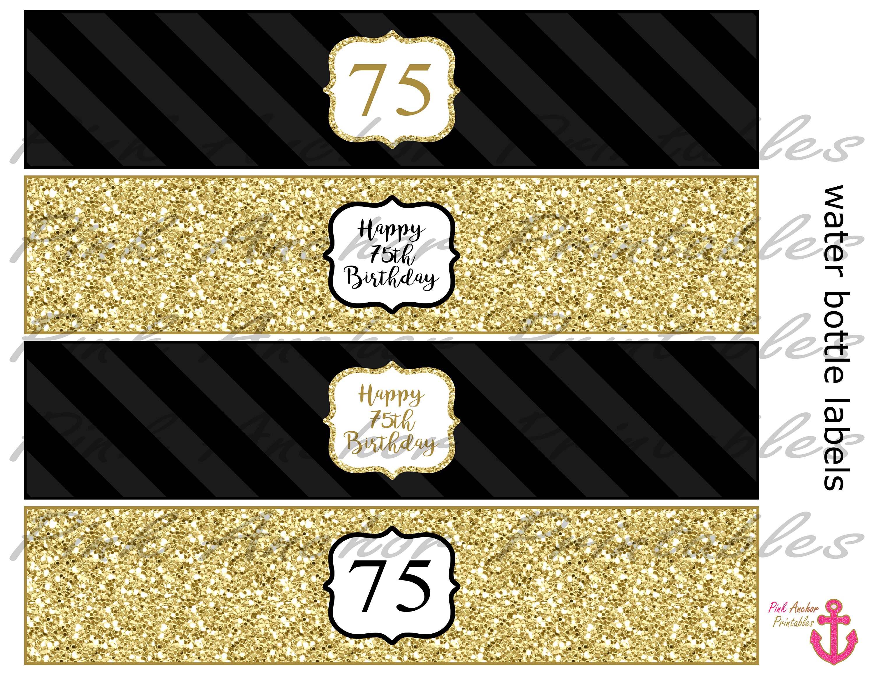 Printable Happy 75th Birthday Water Bottle Labels Black & | Etsy