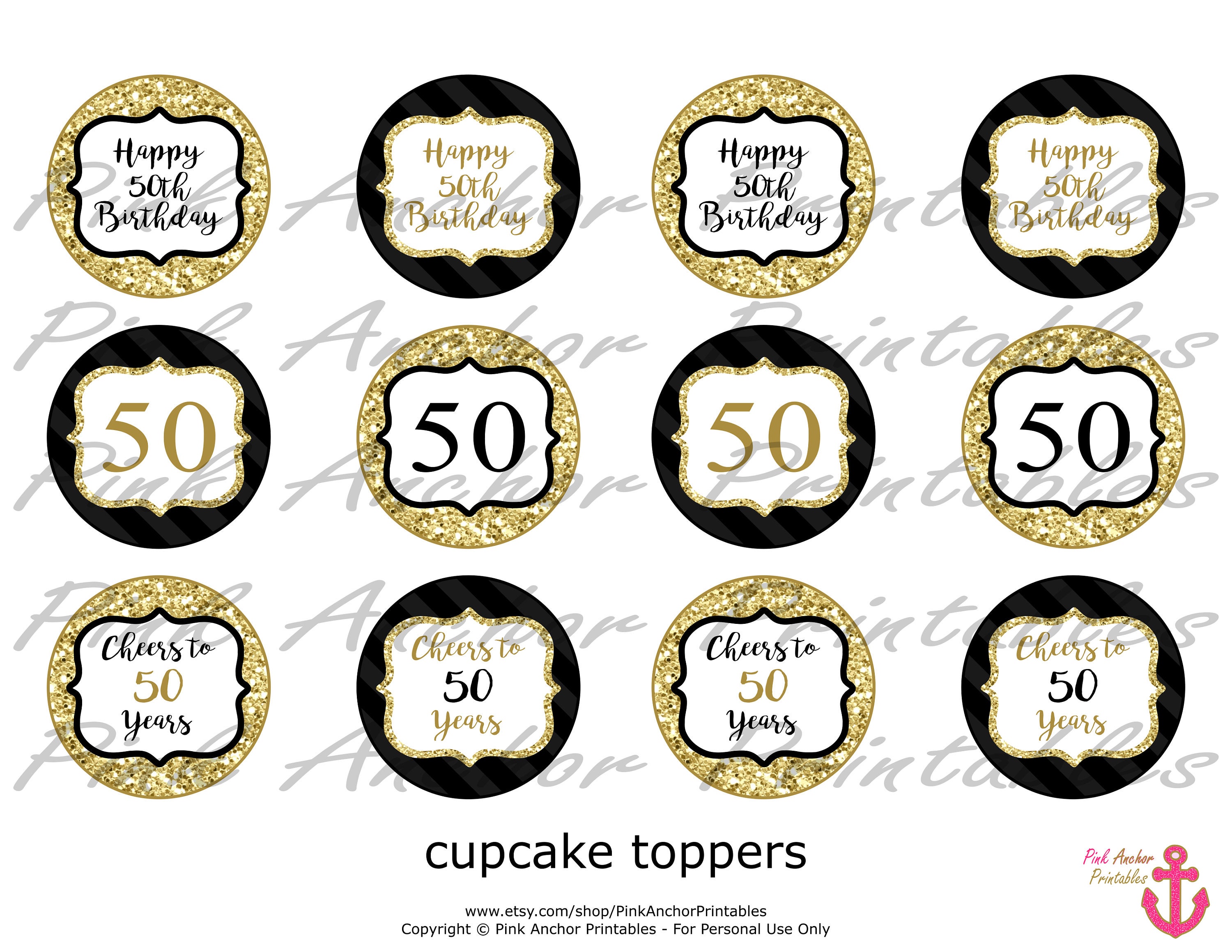Printable 50th Birthday Cupcake Toppers and Wrappers Gold & - Etsy