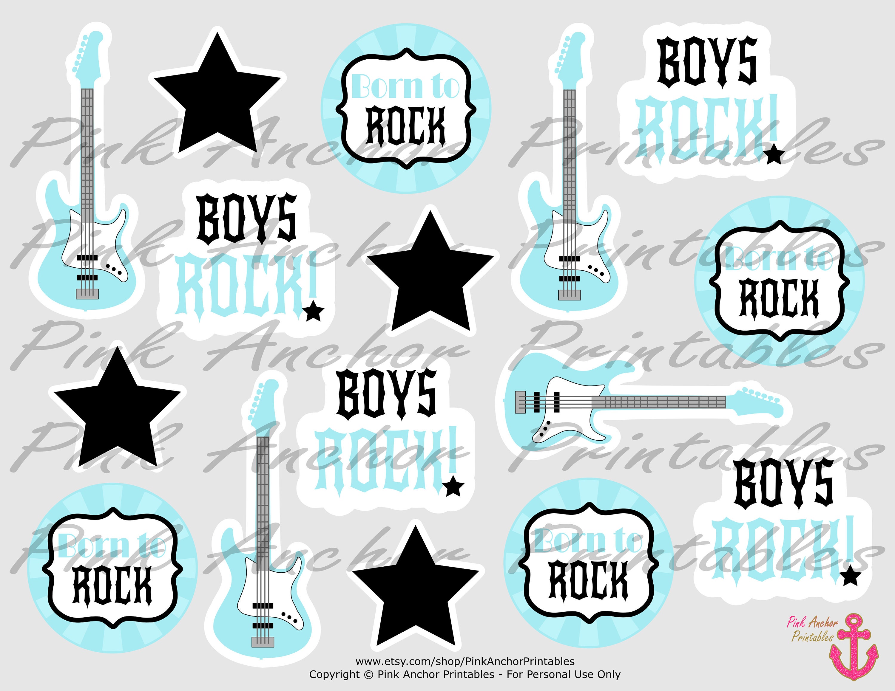 Printable Guitar Rockstar Baby Shower Cupcake Toppers and | Etsy