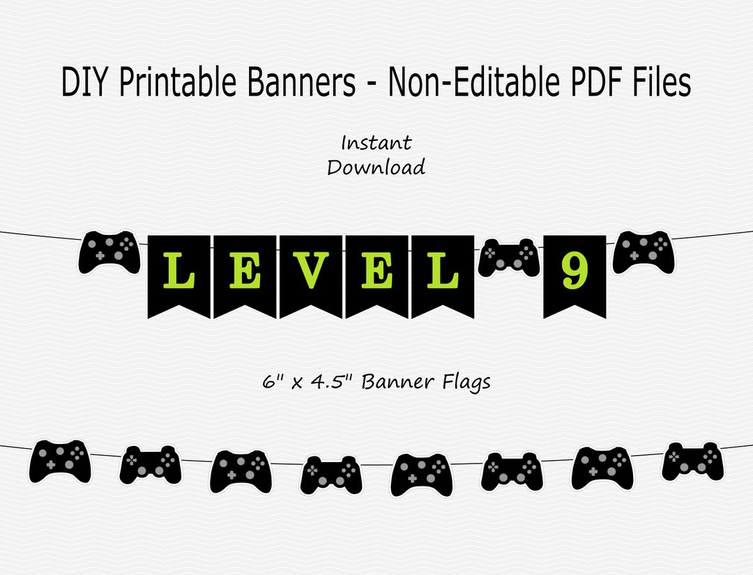 Printable Level 9 Banner - Black & Lime Green - Video Game Controller ...