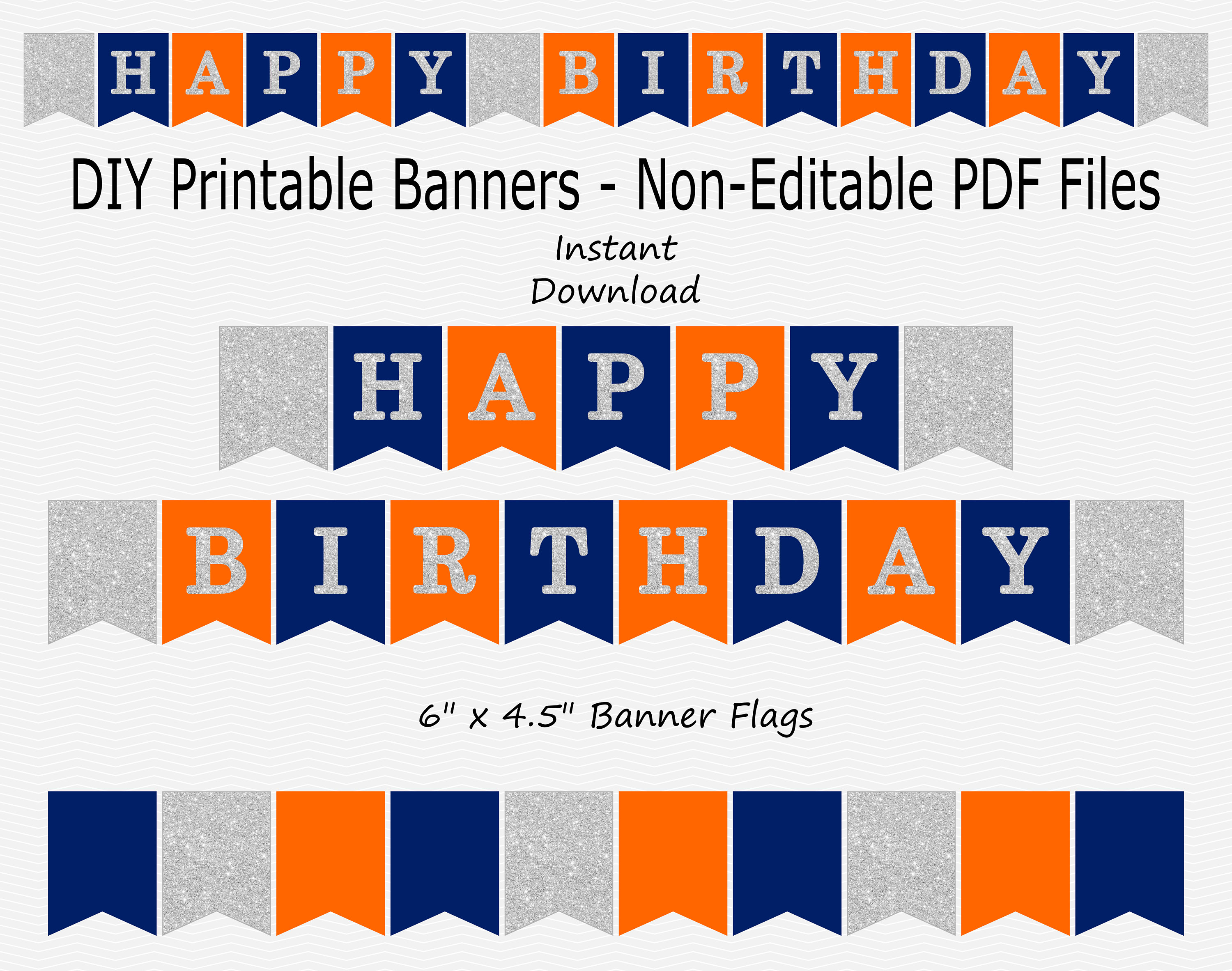 Happy Birthday Banner - Navy Blue, Orange & Silver Sparkle - PRINTABLE ...