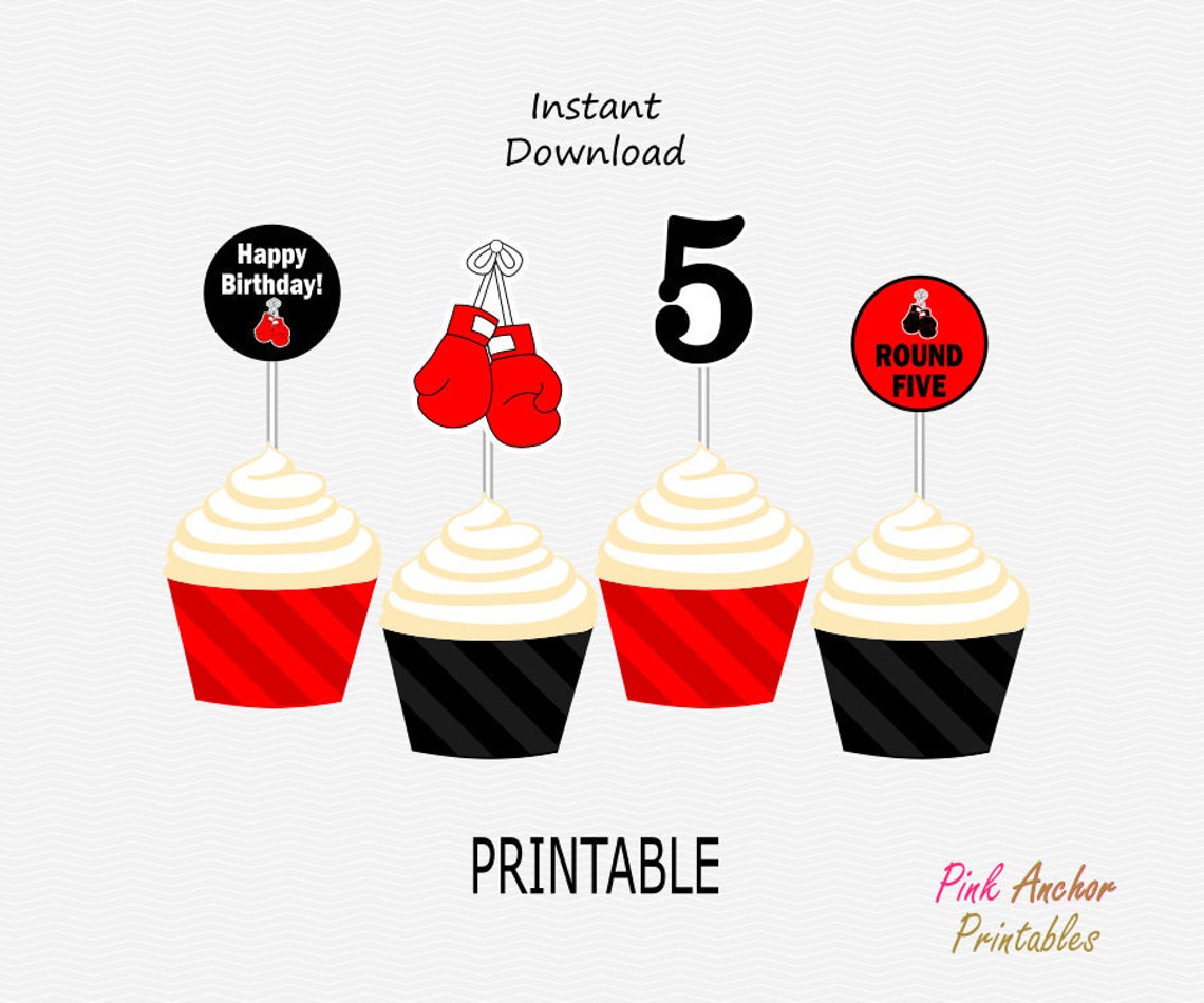 Printable Boxing Birthday Cupcake Toppers and Wrappers Red & | Etsy