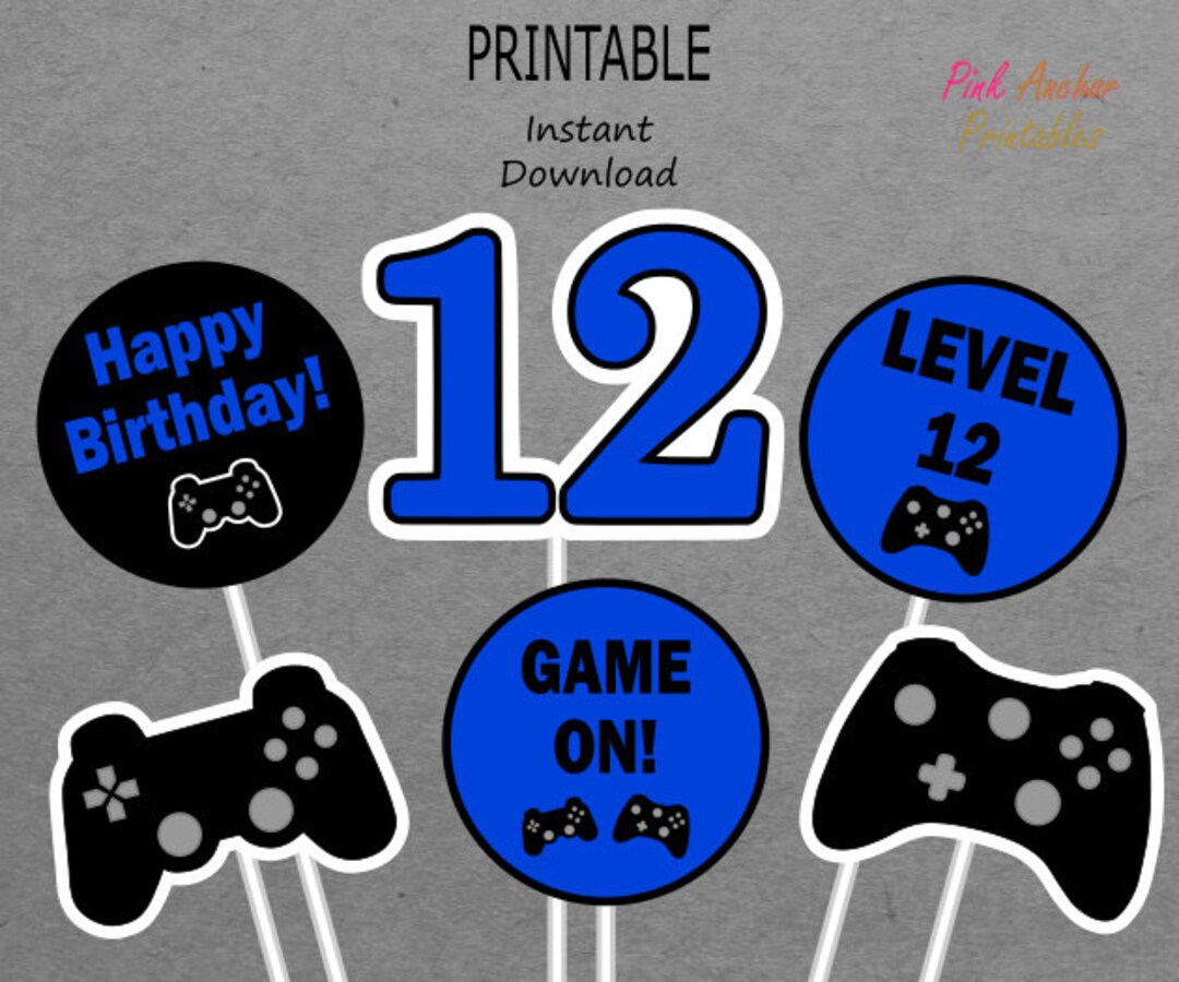 Printable Gamer Centerpieces Boy 12th Birthday - Blue & Black - Video ...