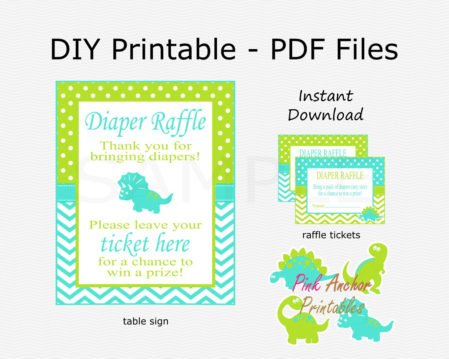 Dinosaur Diaper Raffle Tickets and Table Sign Lime Green & | Etsy