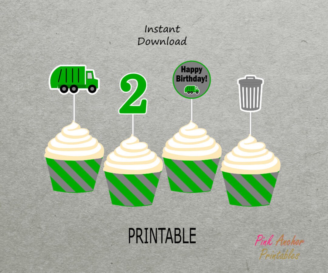 Printable Garbage Truck 2nd Birthday Cupcake Toppers and Wrappers ...