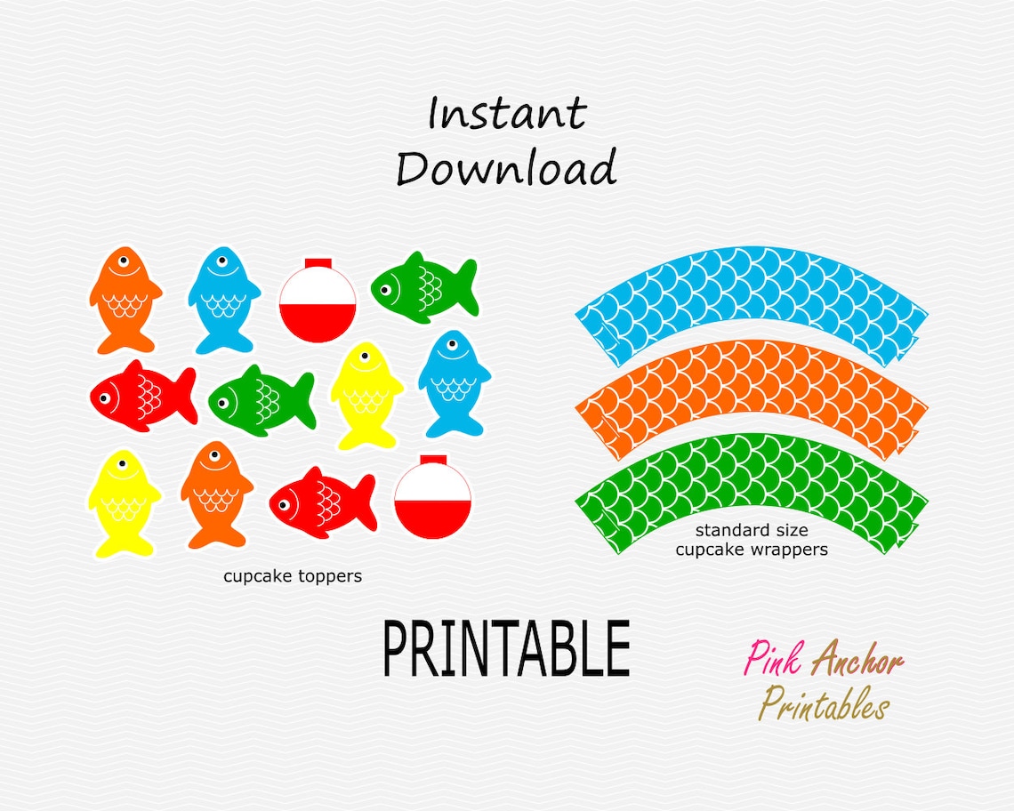 Printable Fish Birthday Cupcake Toppers and Wrappers Gone | Etsy