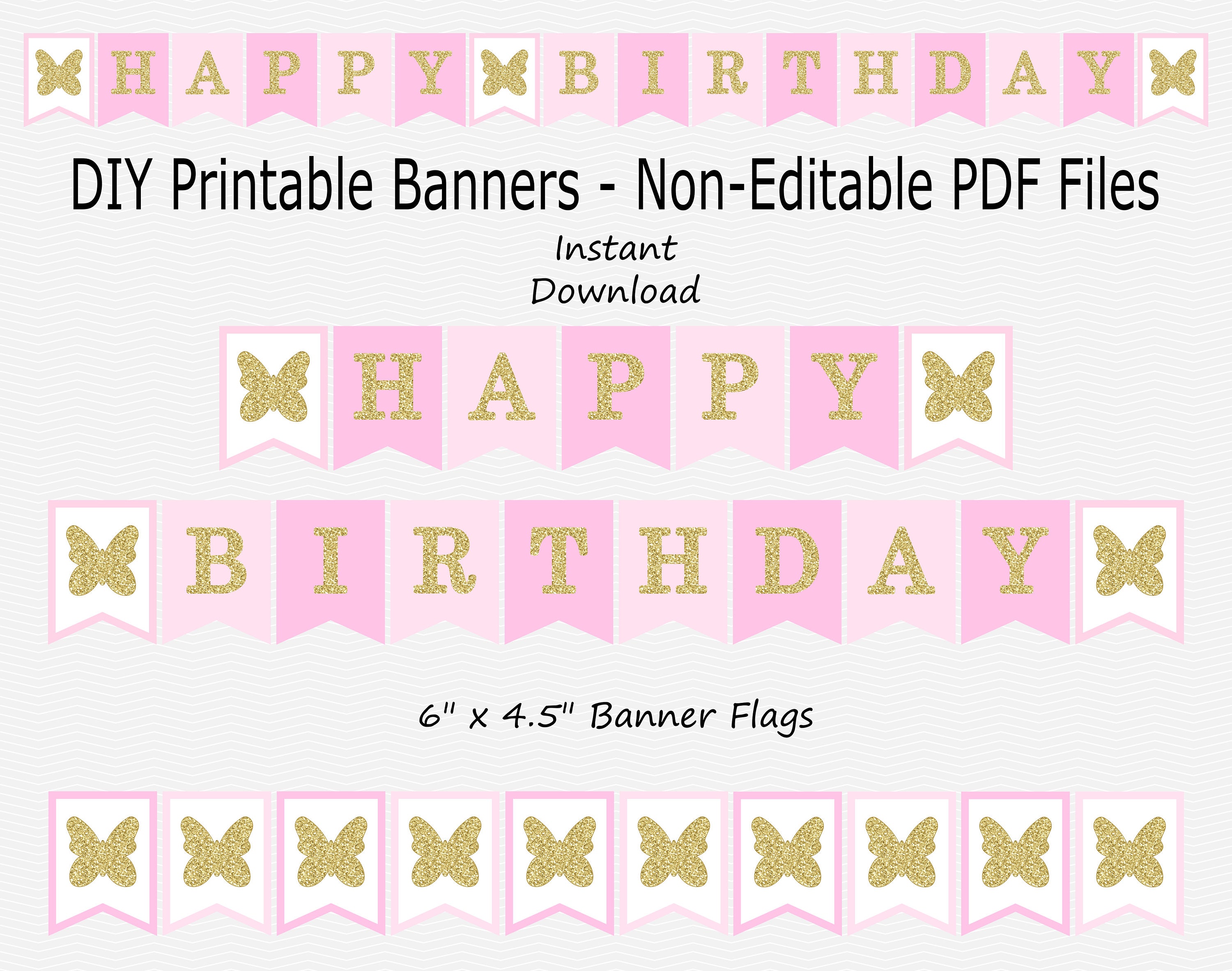 Happy Birthday Banner - Pink & Gold Glitter - Girl - Butterfly ...