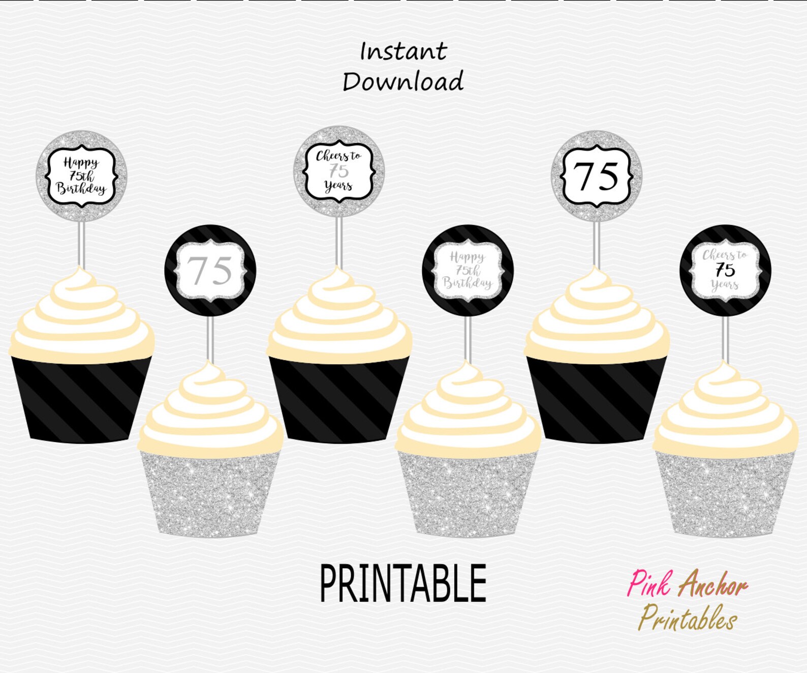 Printable 75th Birthday Cupcake Toppers and Wrappers Silver - Etsy