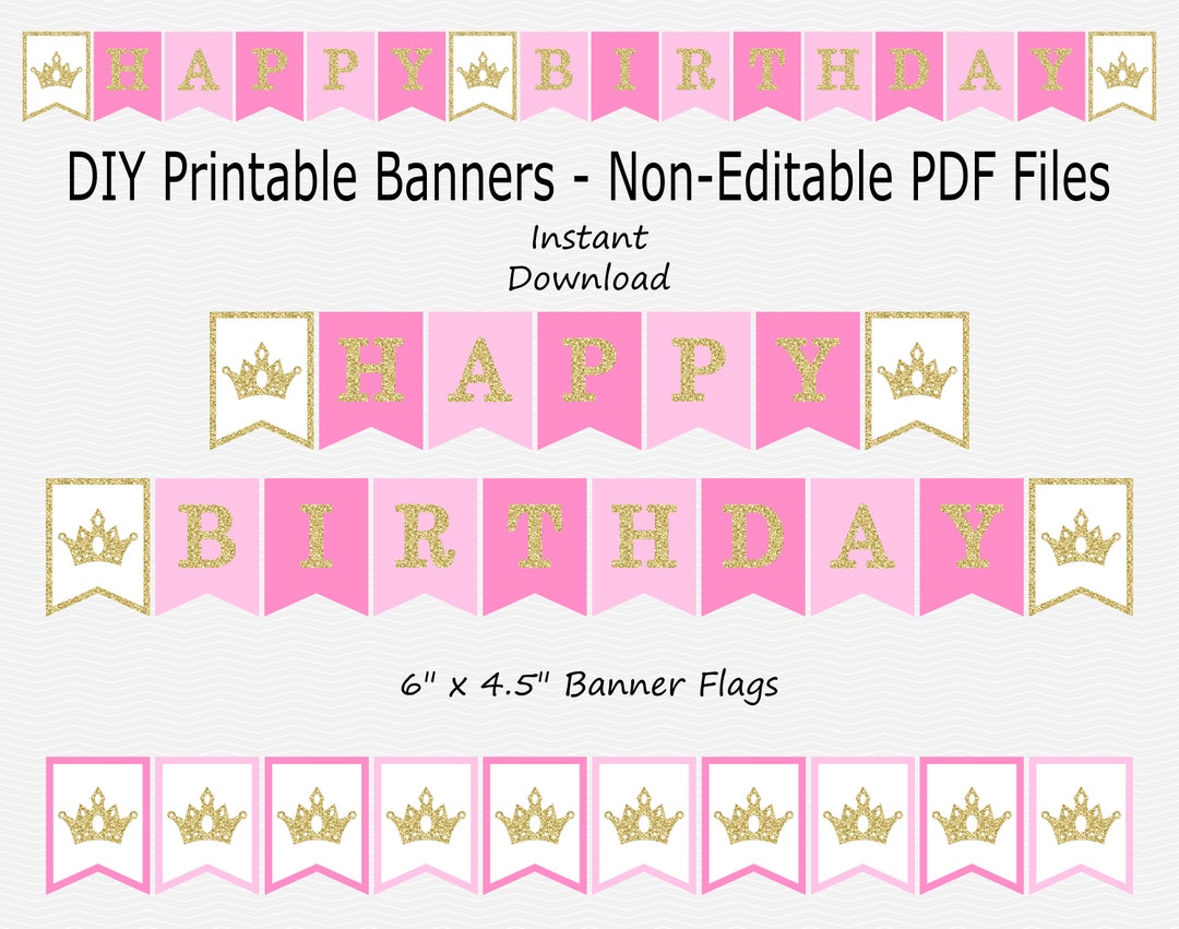 Happy Birthday Banner With Tiaras - Medium Pink, Baby Pink & Gold ...