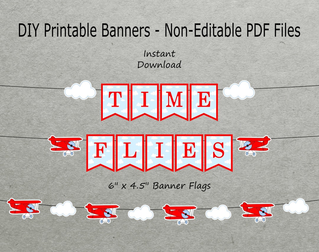 Printable Time Flies Banner - Light Blue, Red & White - Vintage ...