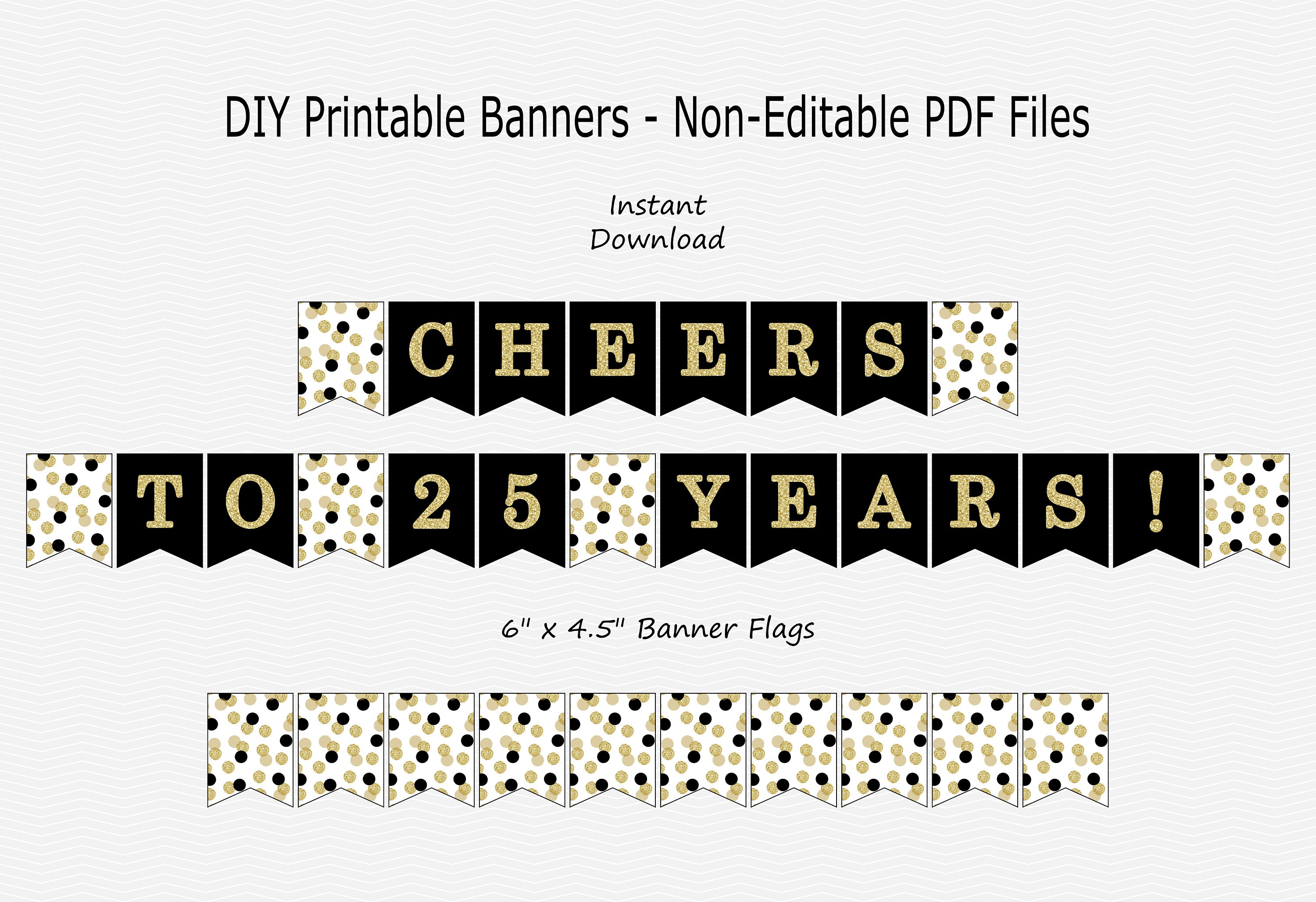 Cheers to 25 Years Banner Black & Gold Glitter Confetti | Etsy