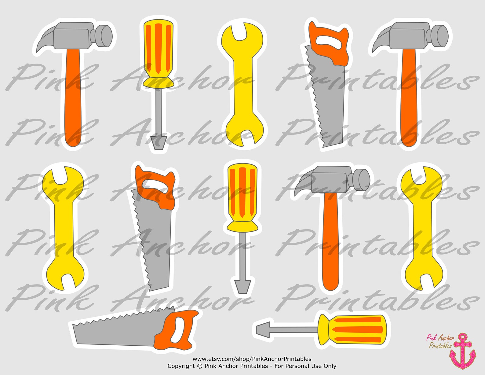 Printable Tools Cupcake Toppers and Wrappers Orange Yellow | Etsy